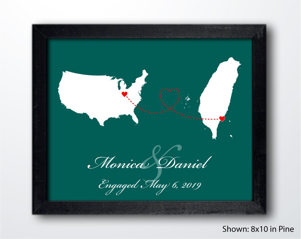 Two Countries Map with Love Trails Engagement Gift Wedding | Etsy