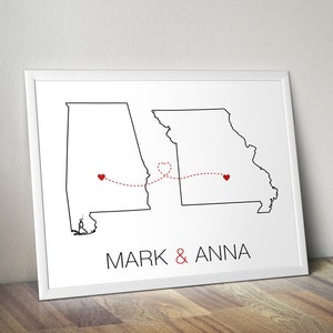 Personalized Long Distance Relationship Gift Print - Two States Maps ...