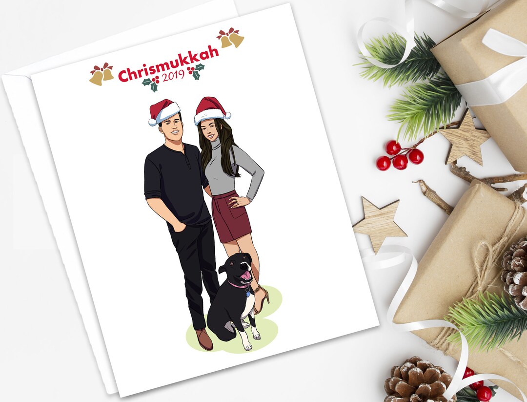 Custom Couple Christmas Card, Hand-drawn Portrait With Pets - Etsy