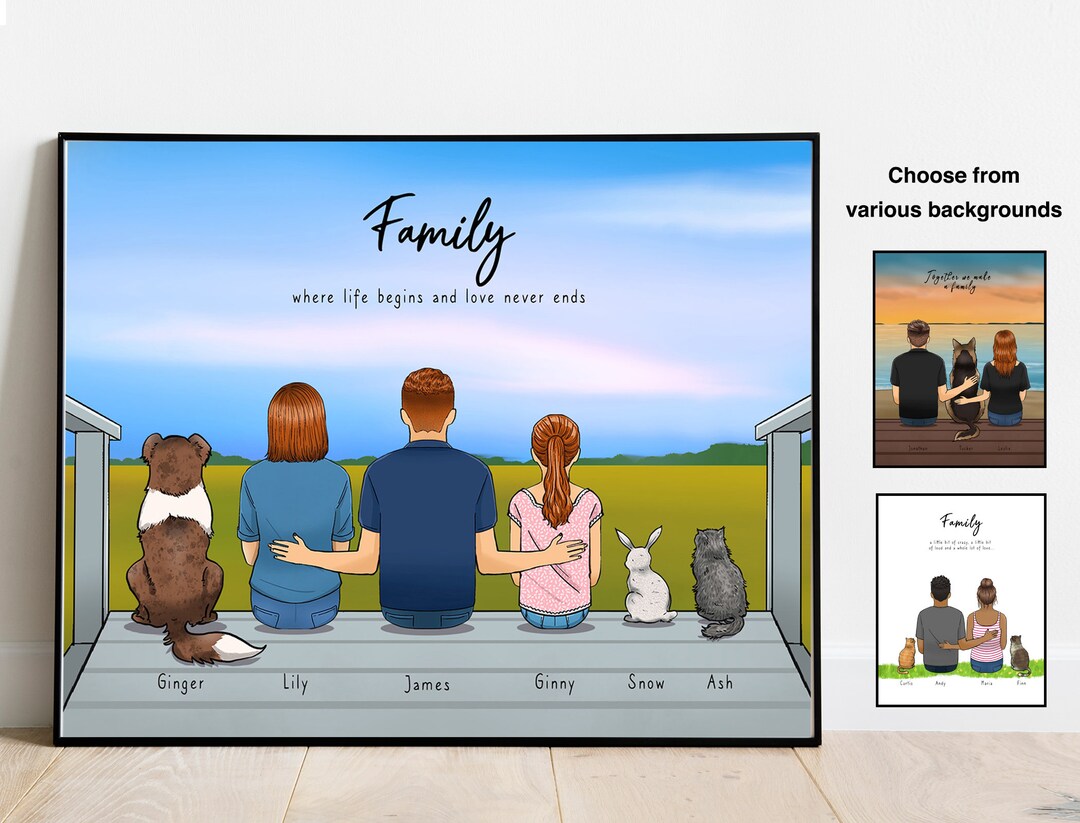 Custom Family Illustration Family Portrait From Back - Etsy