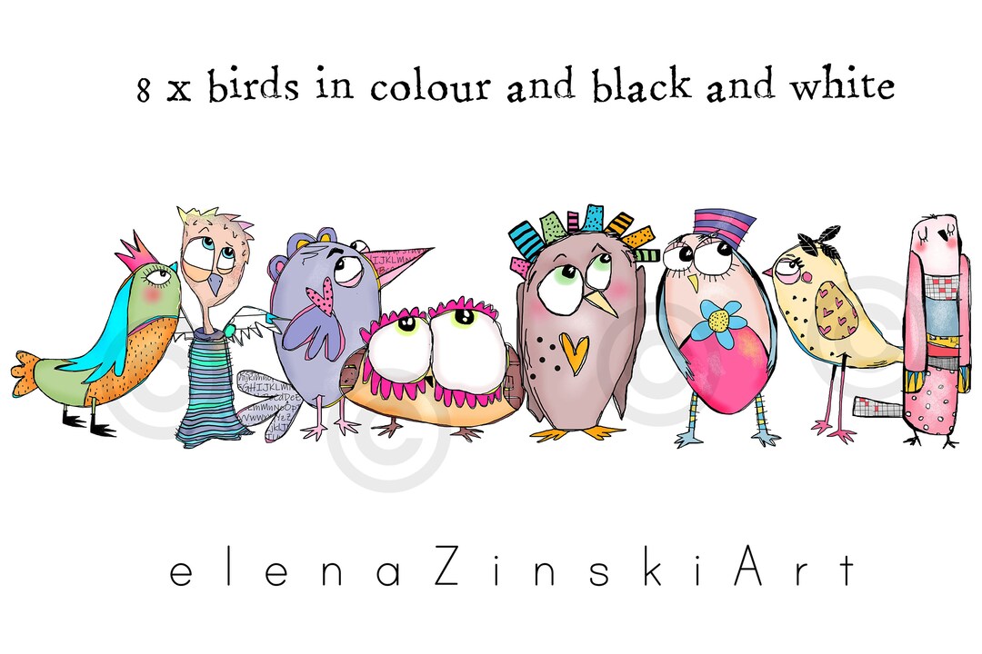 8 X Quirky Birds, in Ready Colour and Black and White - Etsy