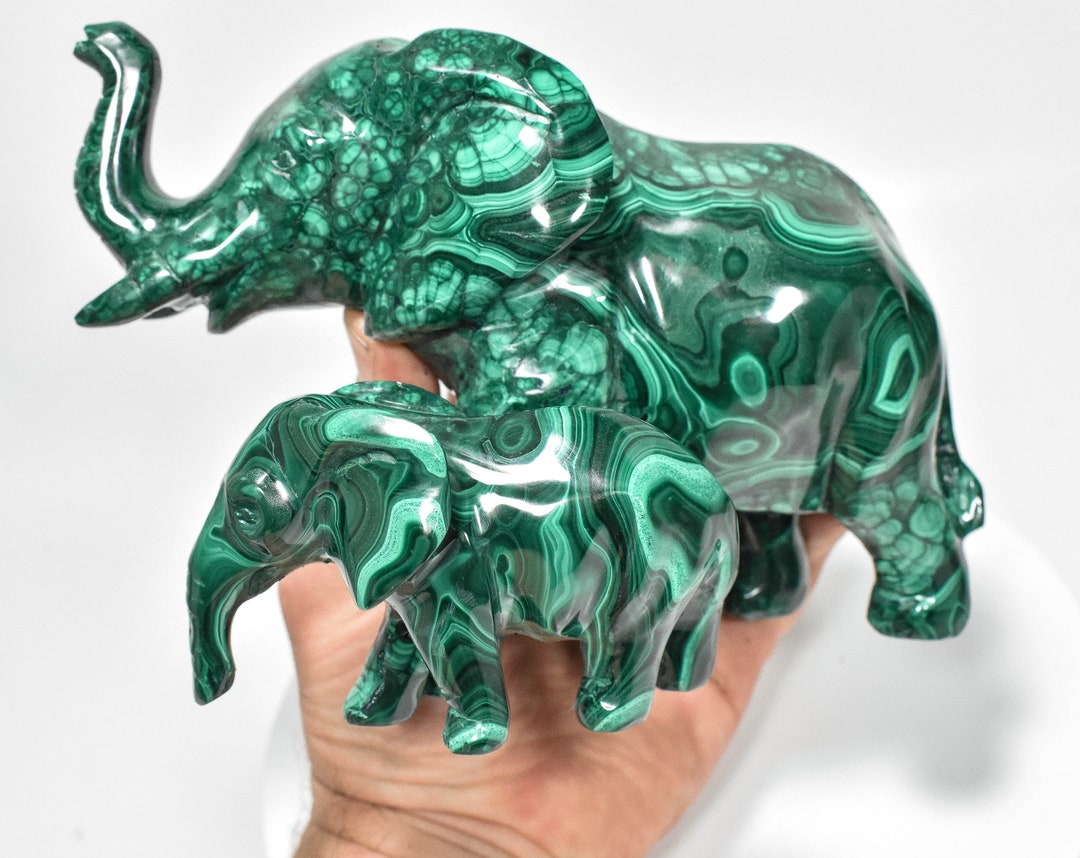 7.08" POLISHED MALACHITE ELEPHANT and Calf Animal Carving - Congo Mc914 ...