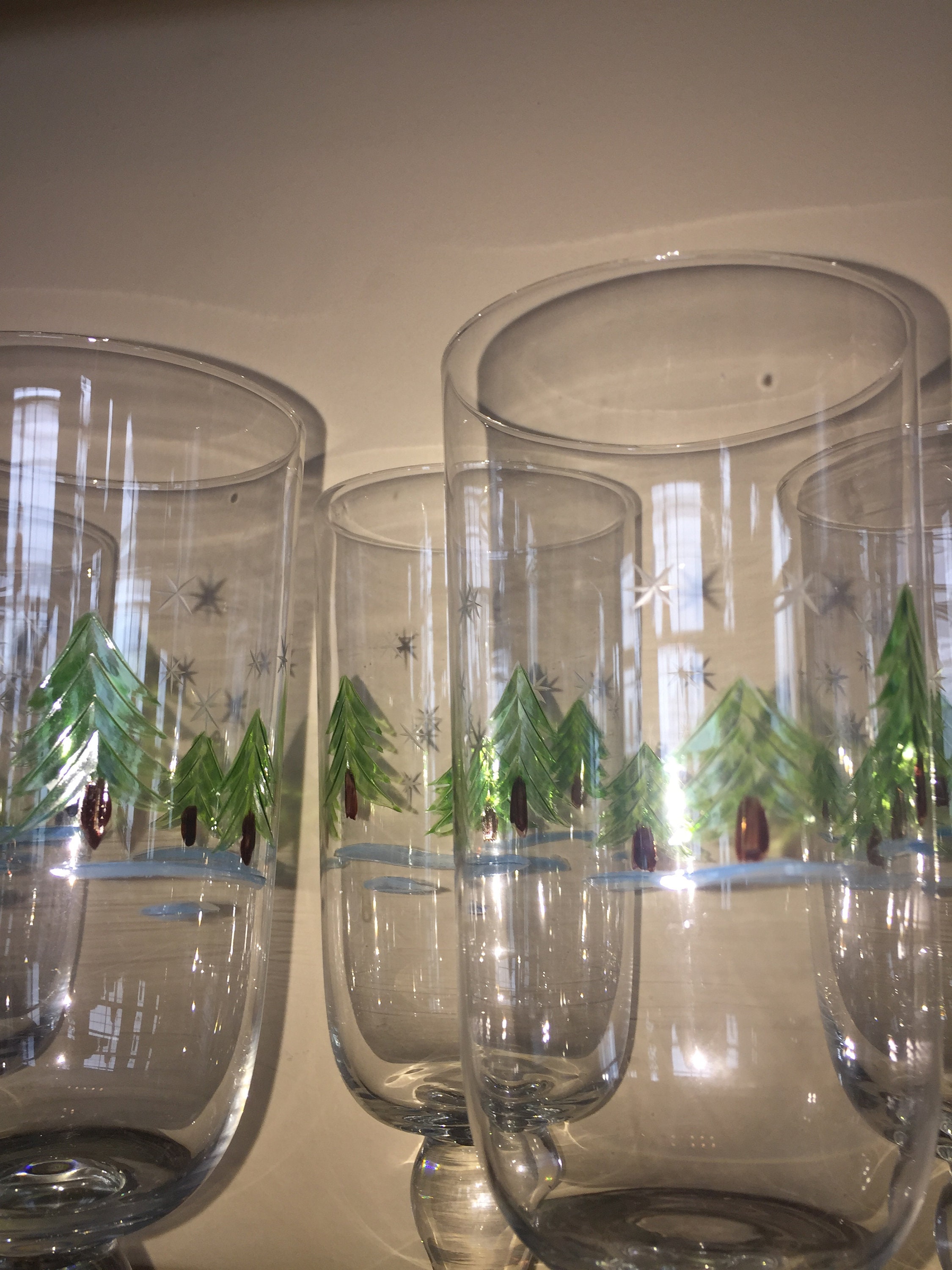 6 Hand Painted Evergreen Tree Glasses Etched With Stars - Etsy UK