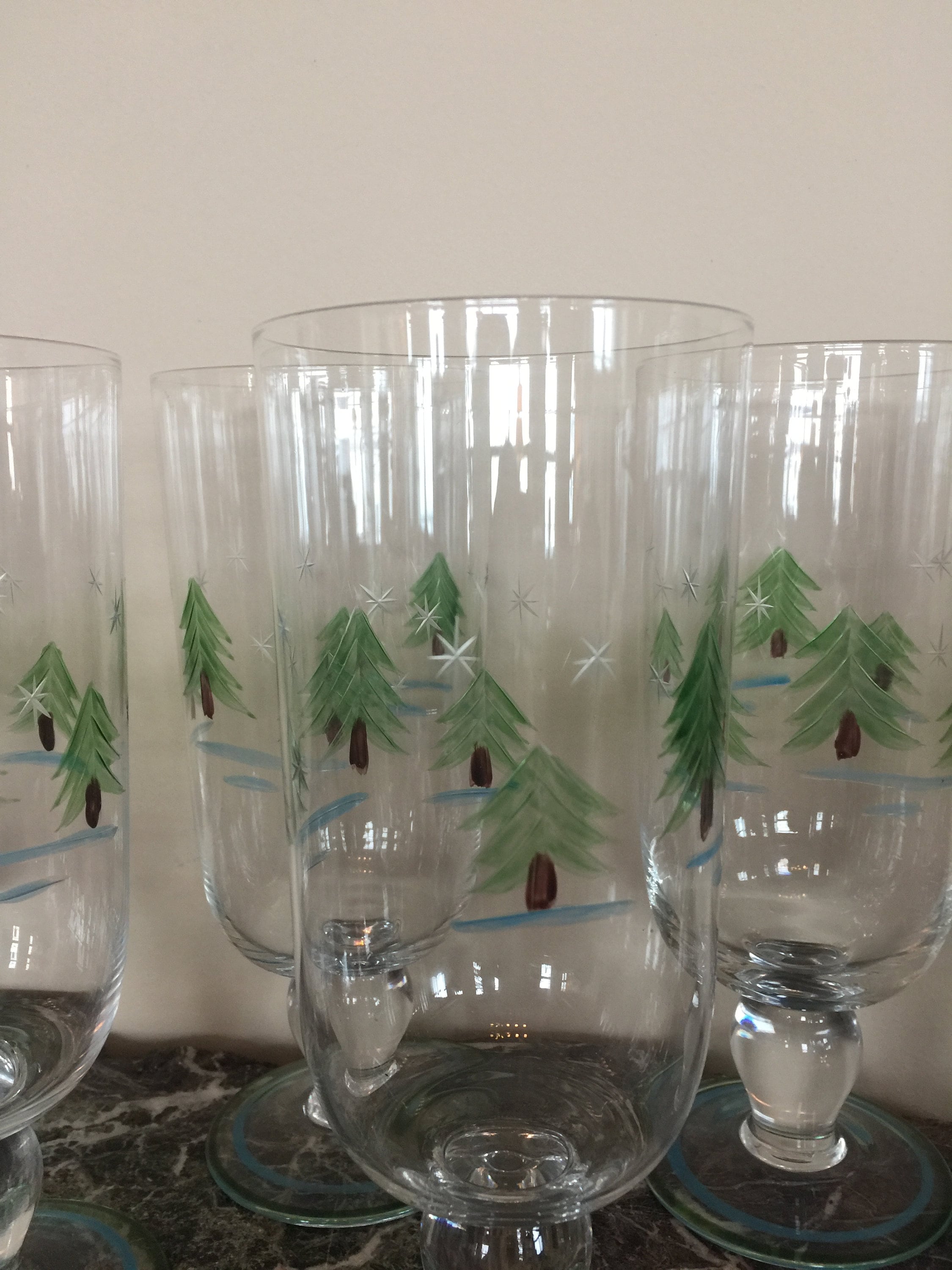 6 Hand Painted Evergreen Tree Glasses Etched With Stars - Etsy UK