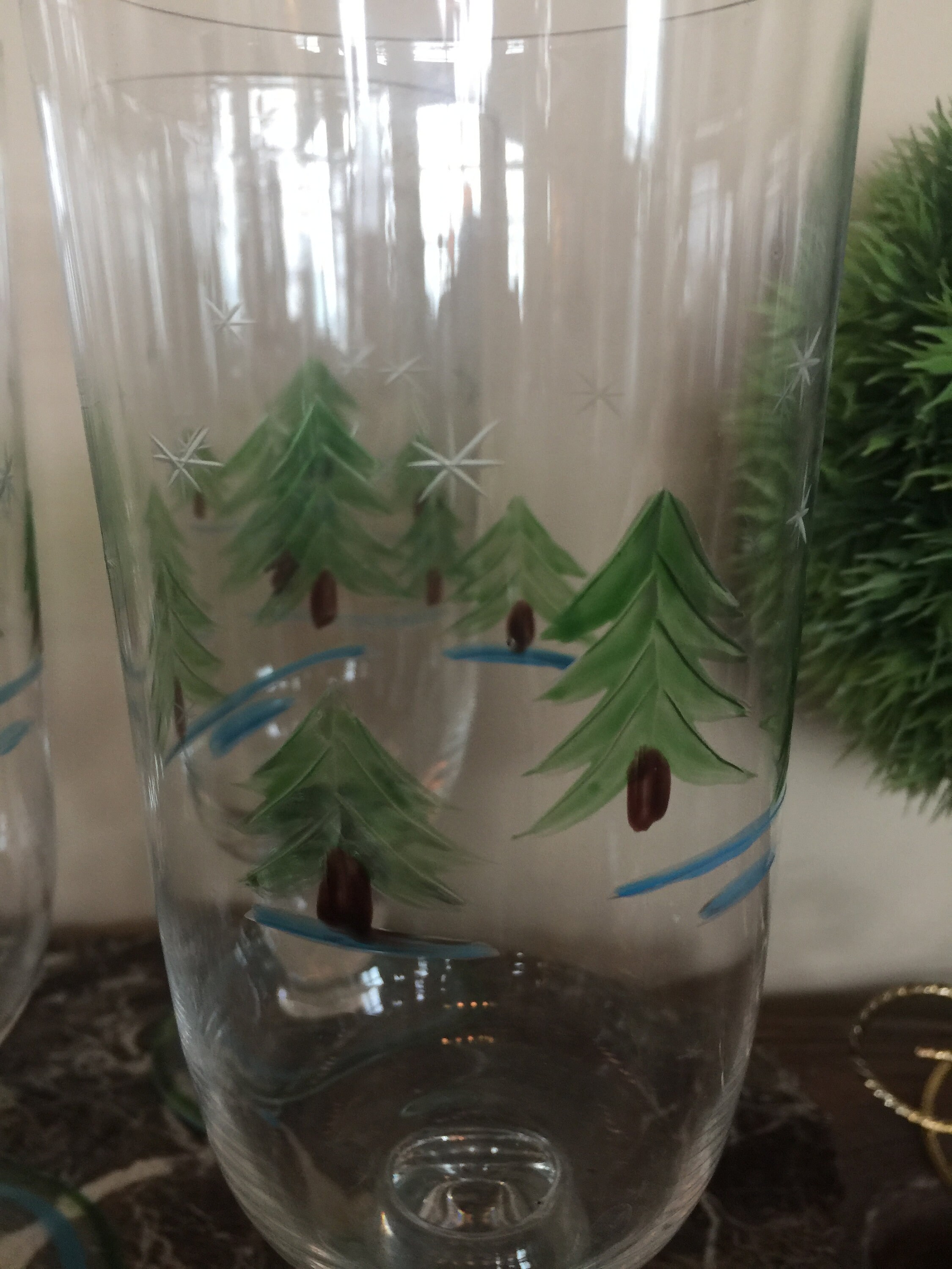 6 Hand painted evergreen tree glasses etched with stars | Etsy