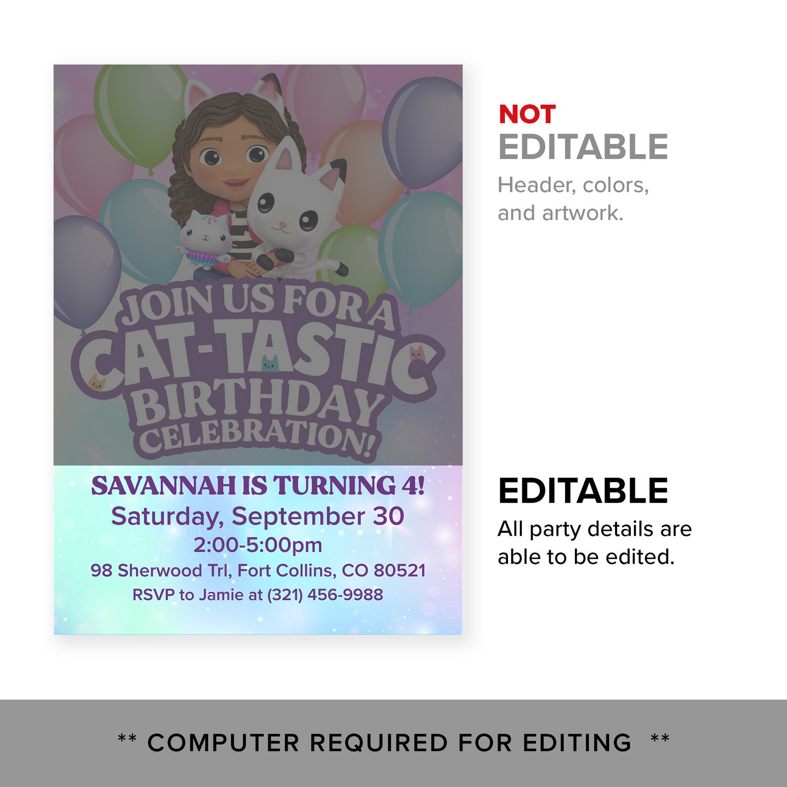 Gabby's Dollhouse Birthday Invitation Gabby, Pandy, DJ Catnip, Cat Rat ...