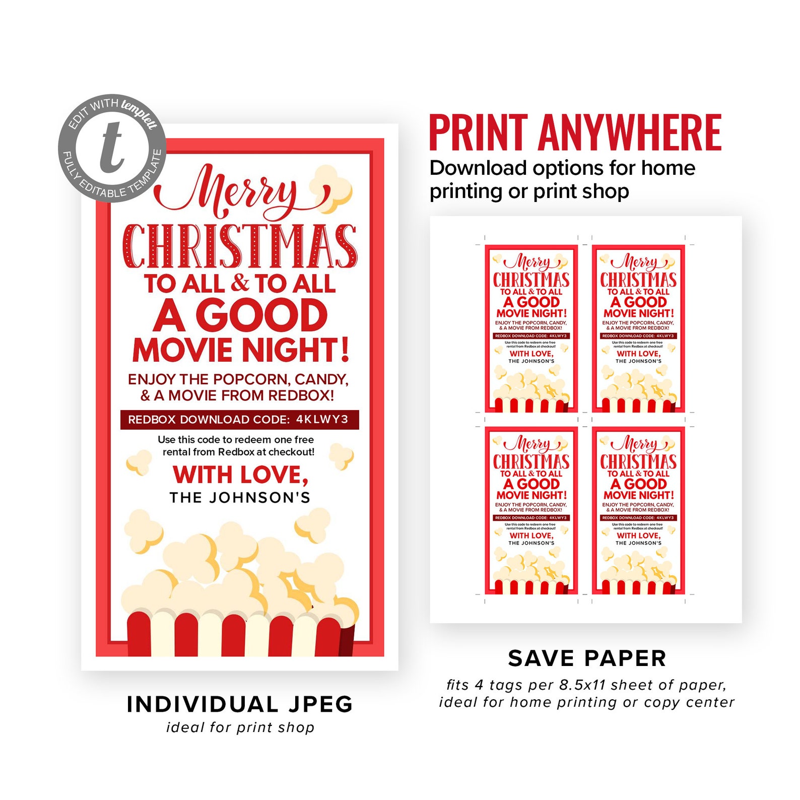 Movie Night Gift Tag | Redbox Christmas Gift | Popcorn Gift | Printable ...