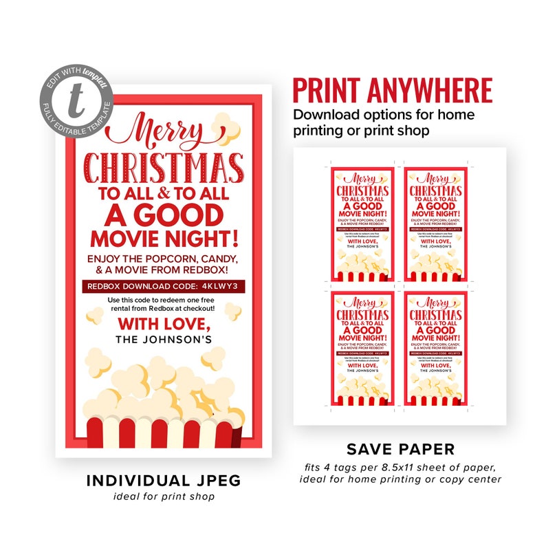 Movie Night Gift Tag | Redbox Christmas Gift | Popcorn Gift | Printable ...
