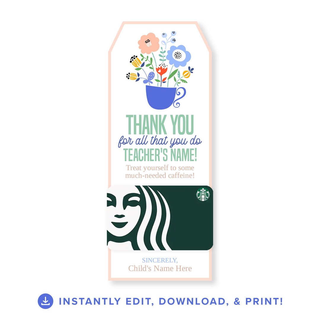 Teacher Gift Tag Coffee Gift Card Teaching Gift Starbucks Dunkin Custom ...