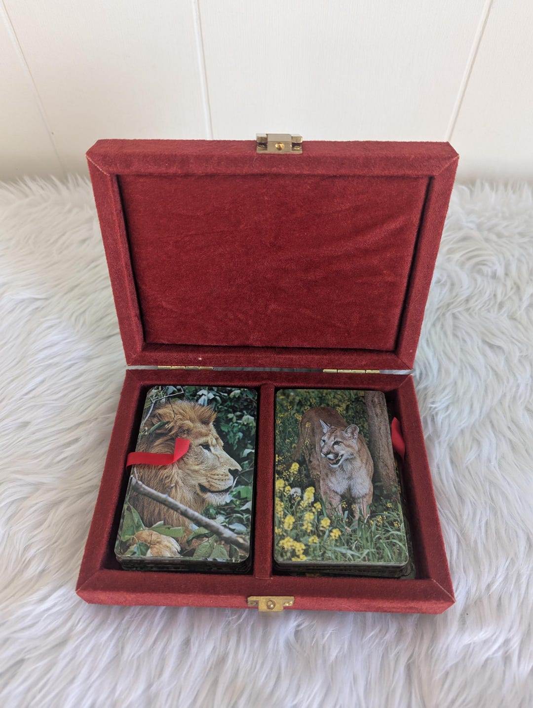 Vintage 1980s Plush Red Hoyle Playing Card Box With Two Decks of Lion ...