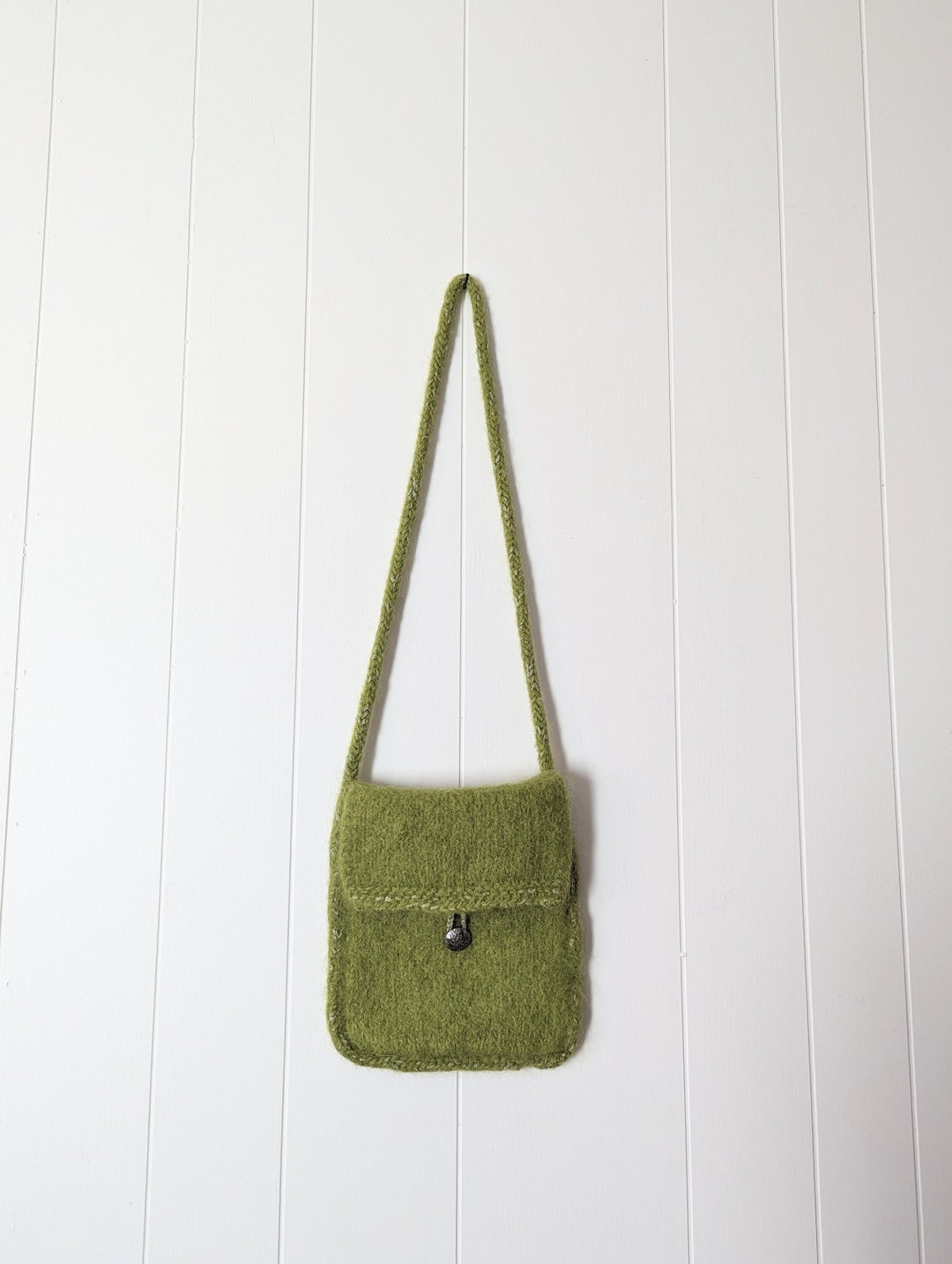 Handmade Kermit Green Felt Purse With Long Strap and Silver Button - Etsy