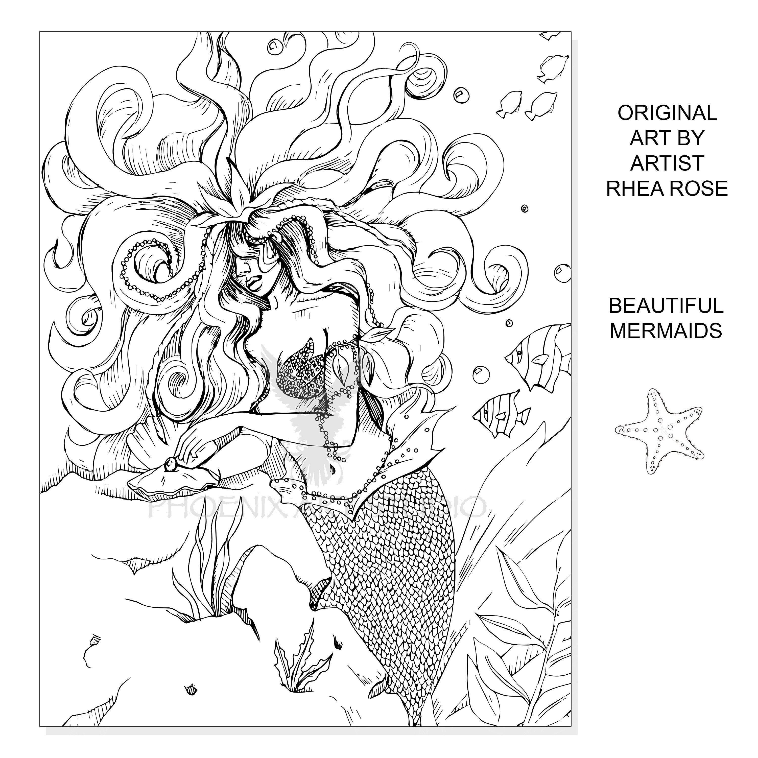 Mermaids Coloring Book Printable Sea Colored Pencil Page Black Women ...