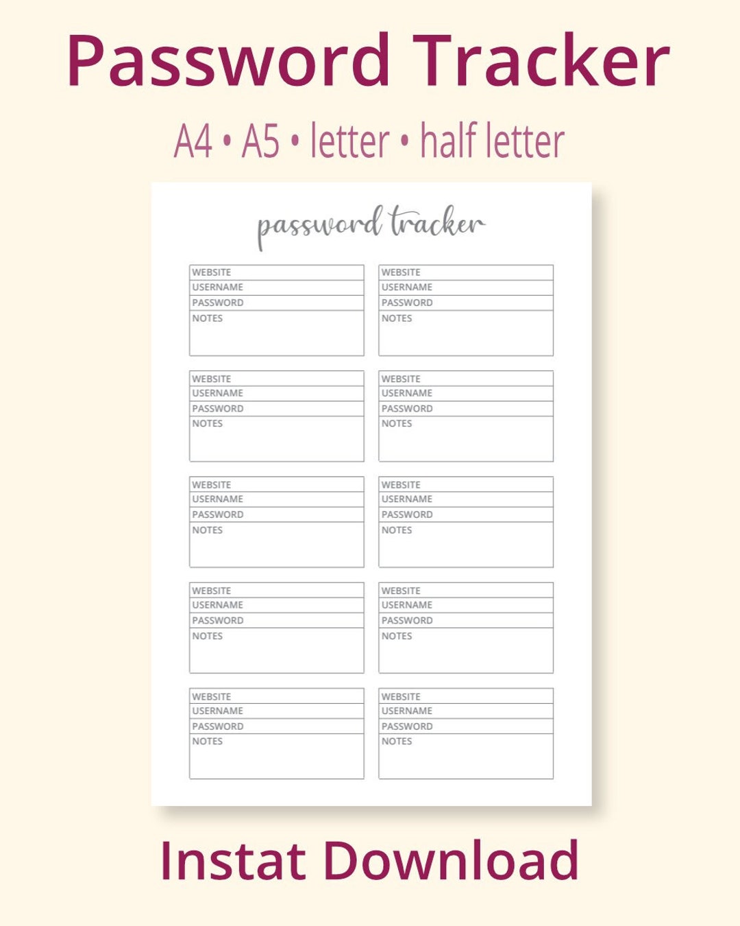 Password Tracker Printable A4, A5, US Letter, Half Letter Size Password ...