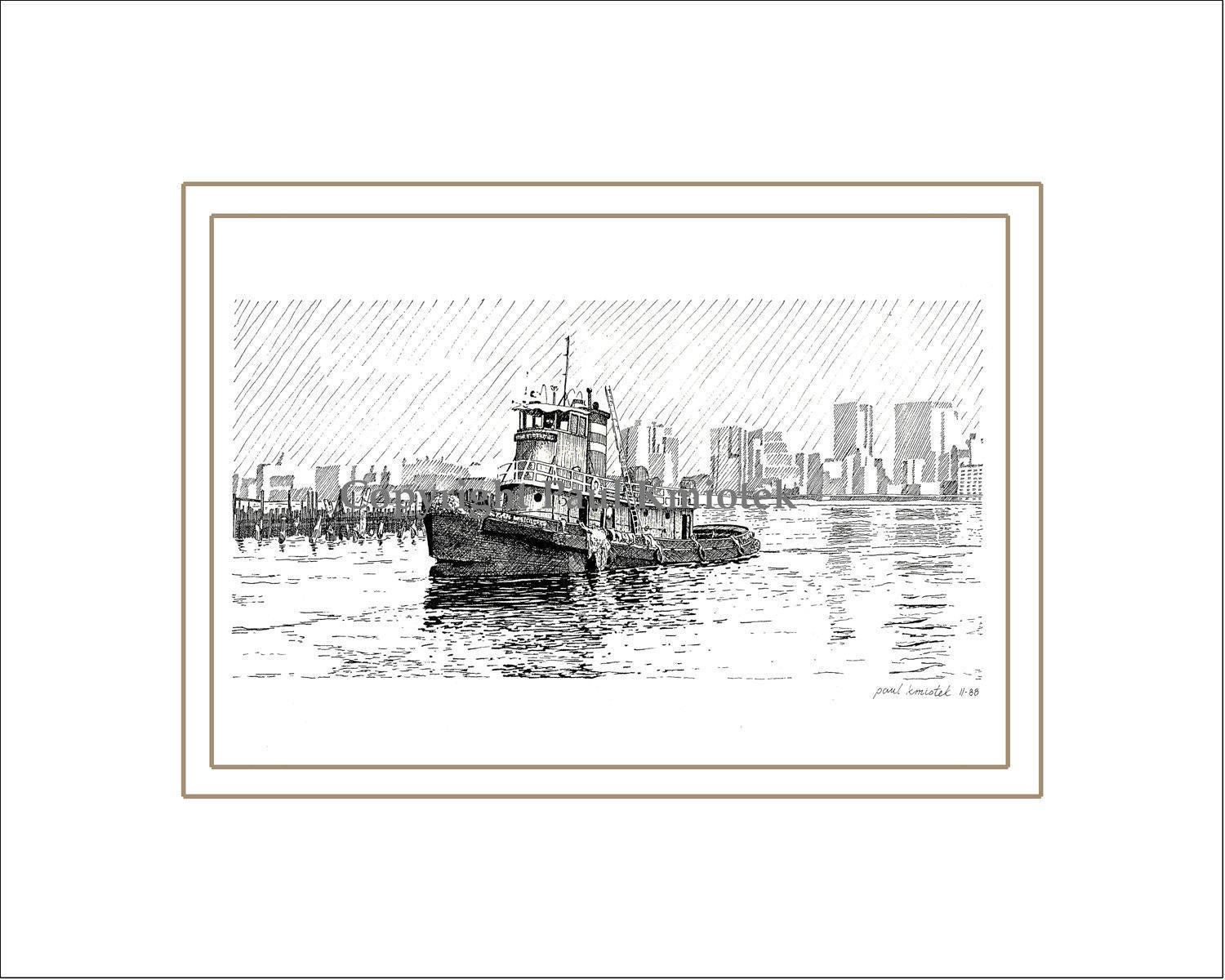 Hudson River Tugboat, Pen and Ink Print - Etsy
