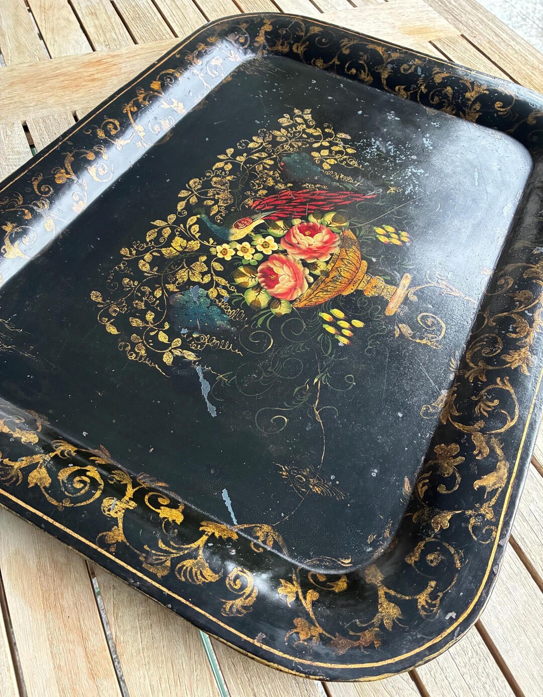 Napoleon III. - handbemaltes Grand Plateau-Tablett aus Metall mit Pfau ...