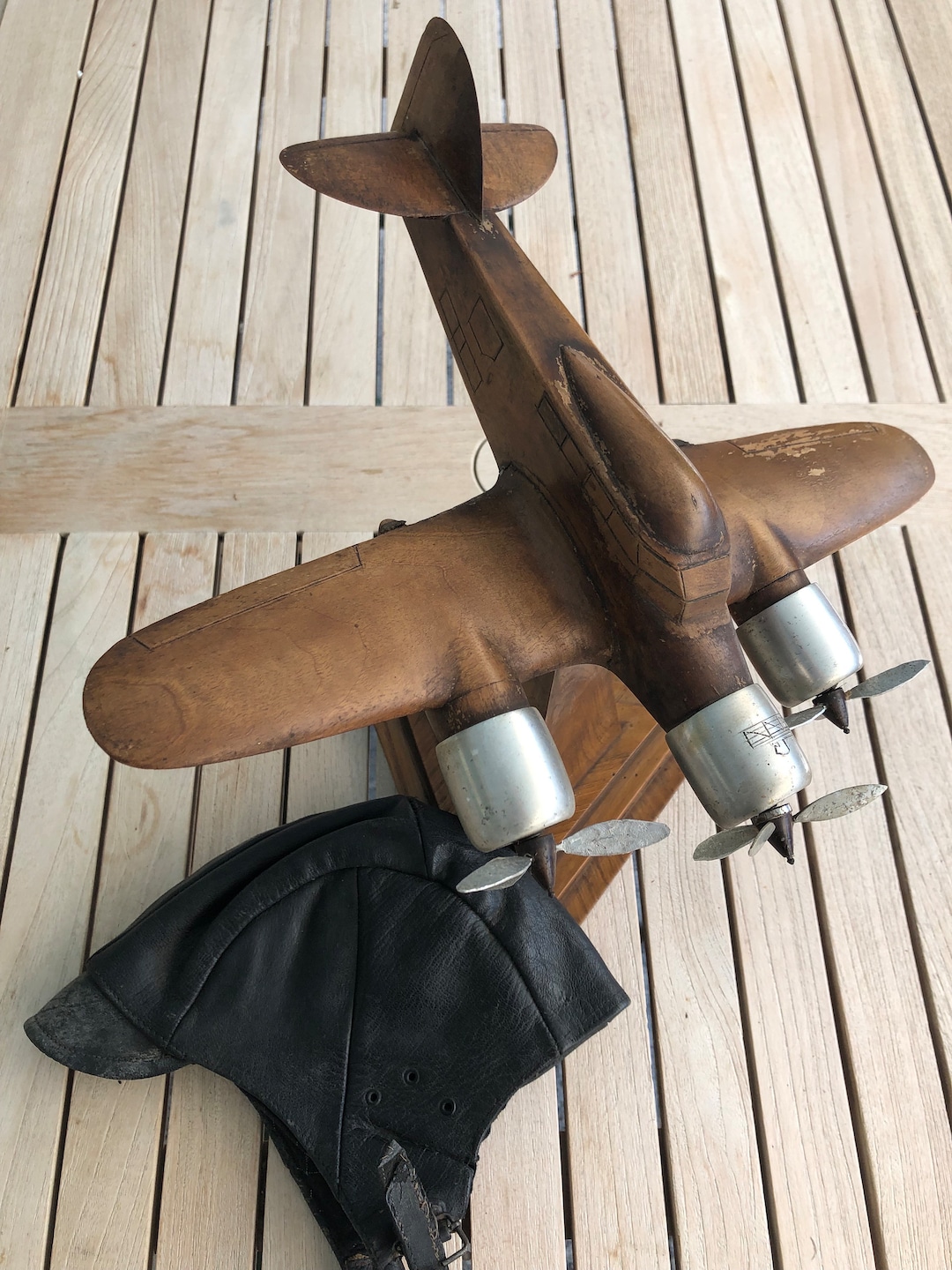 Airplane Model With 3 Propellers, Table Top Model on Pedestal, Wood and ...