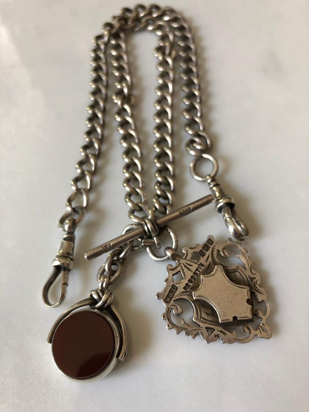 Albert Chain, Watch Fob Chain Necklace, With Antique Fobs Pendants, 925 ...