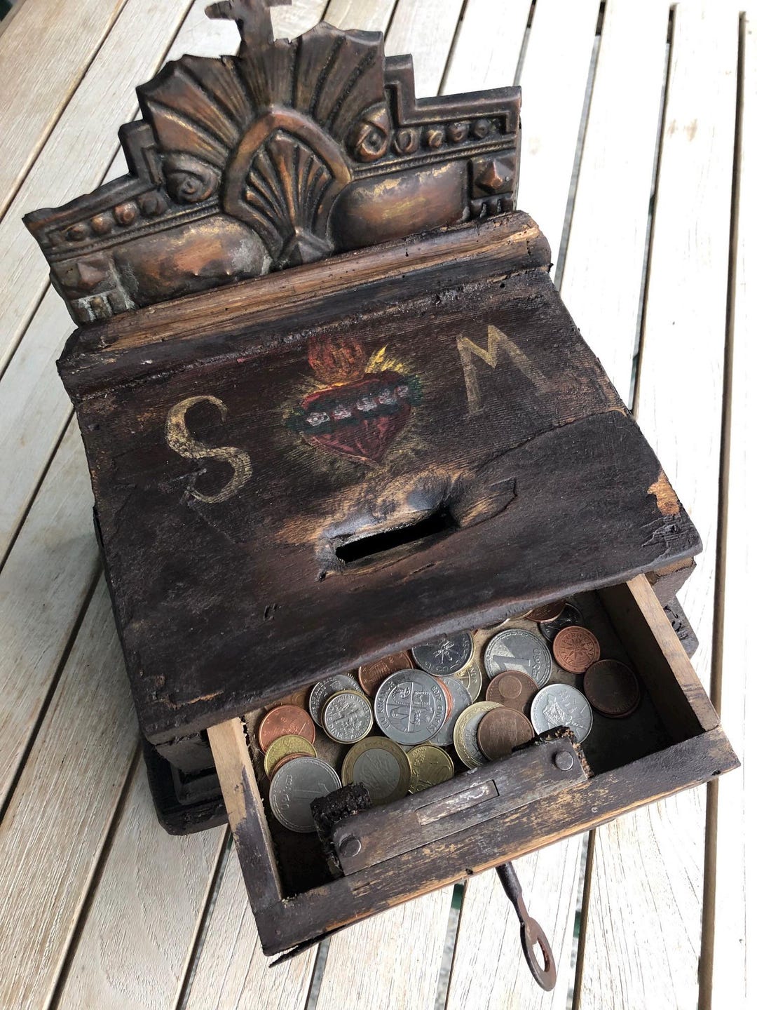 Alms Box, Almoner, Church Offering Box, Wood, Copper, Working Lock and ...