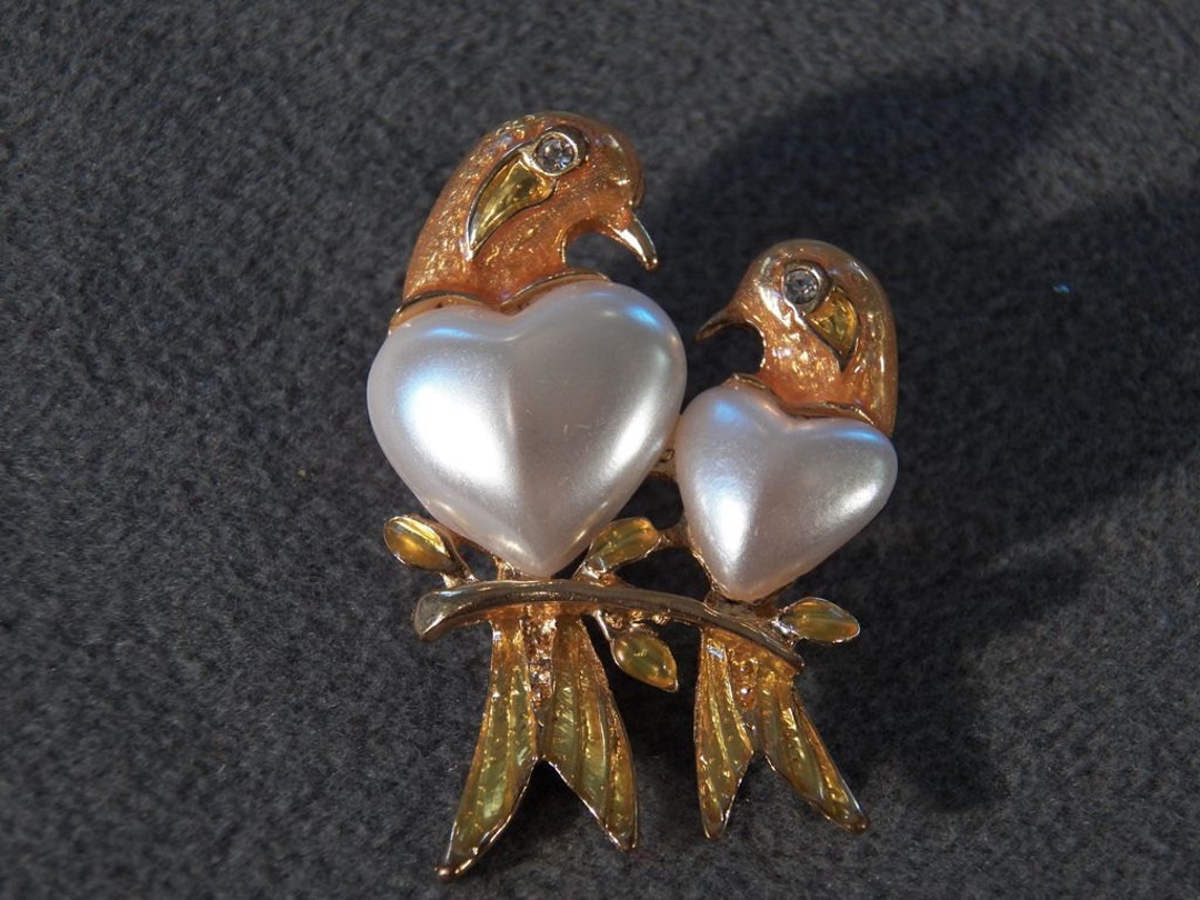 Vintage Bird Shaped Pin Brooch With Yellow Enameling and Faux Pearl ...