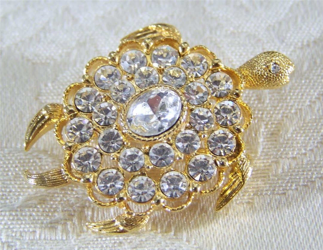 Vintage Yellow Gold Tone Puffed Turtle Bold Rhinestone Pin Brooch ...