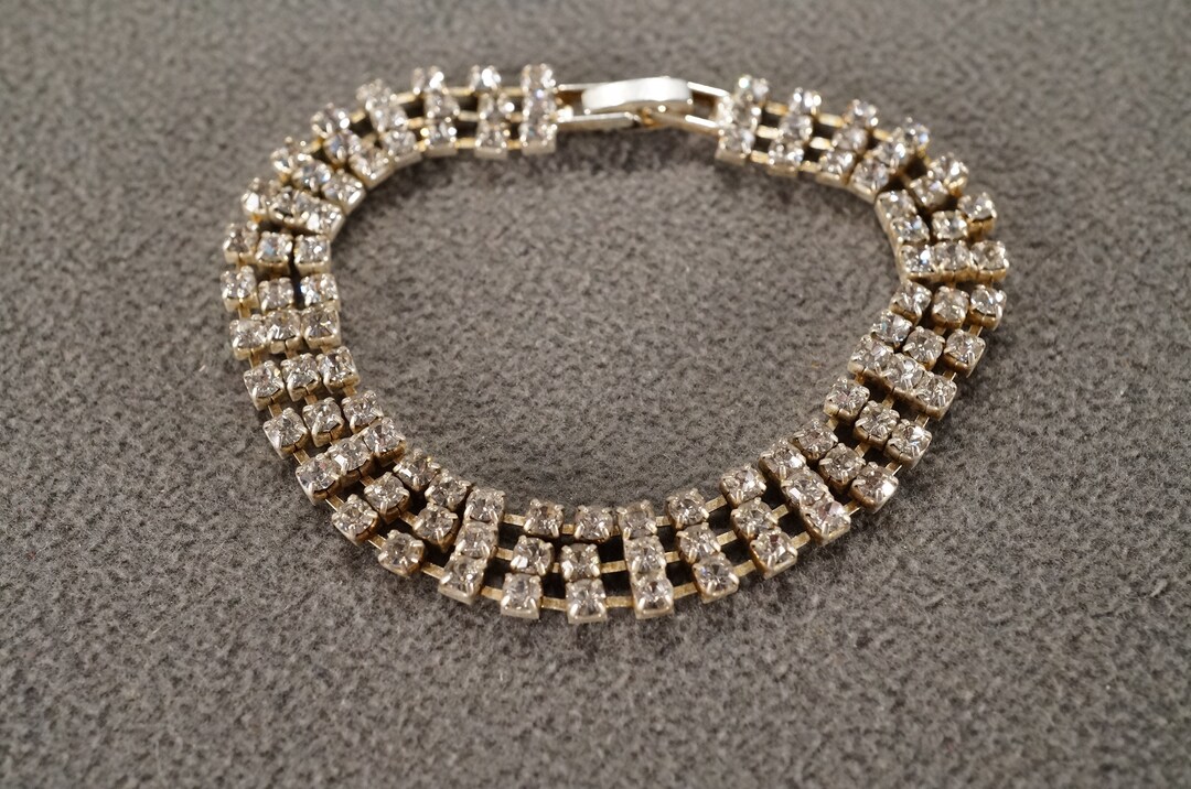 Vintage Art Deco Style Silver Tone Rhinestone Triple Strand Stackable ...