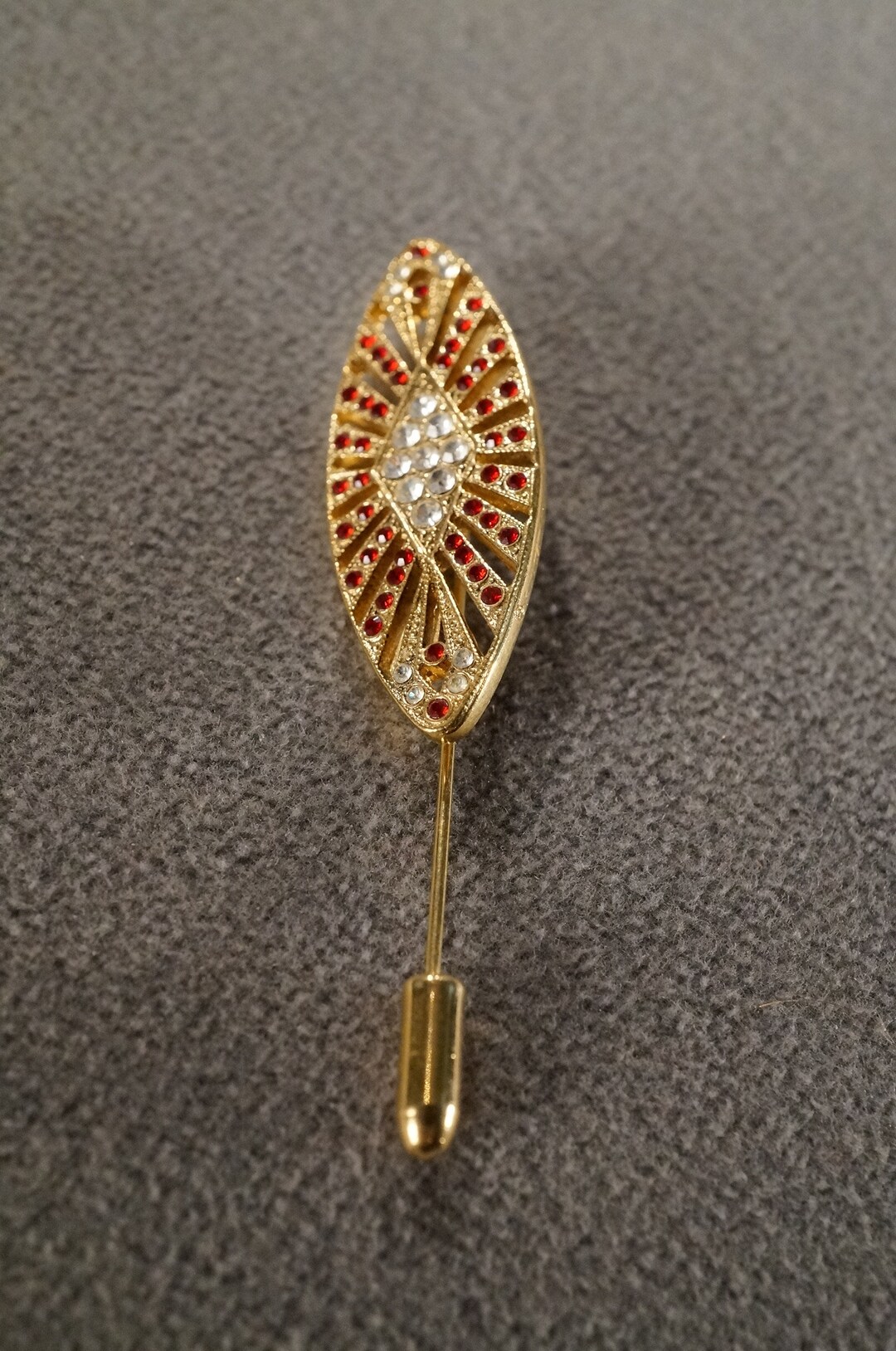 Vintage Art Deco Style Yellow Gold Tone Glass Stone Red Rhinestone Pin ...