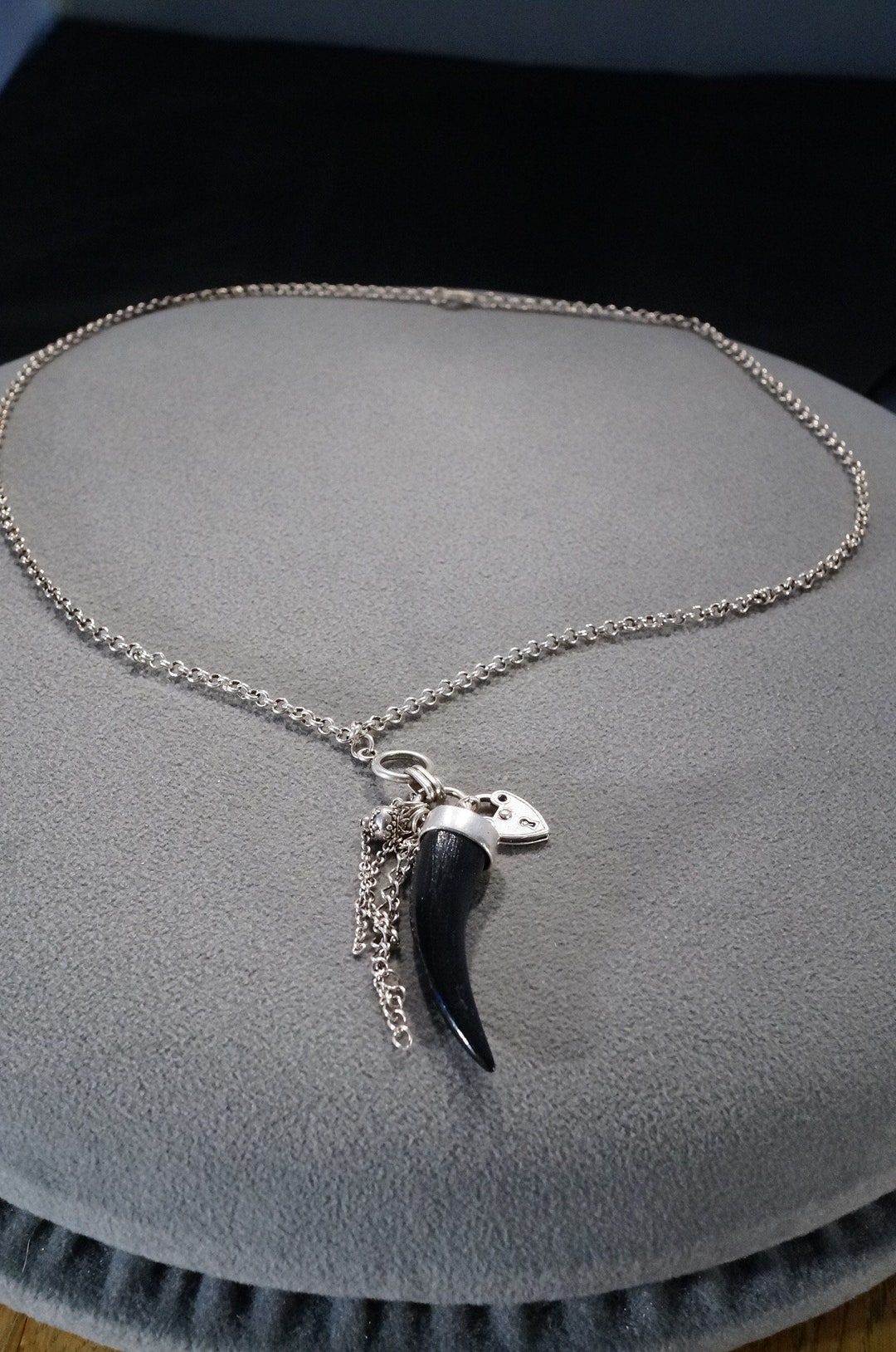 Vintage Art Deco Style Silver Tone Jet Black Faux Ivory Tooth Pendant ...