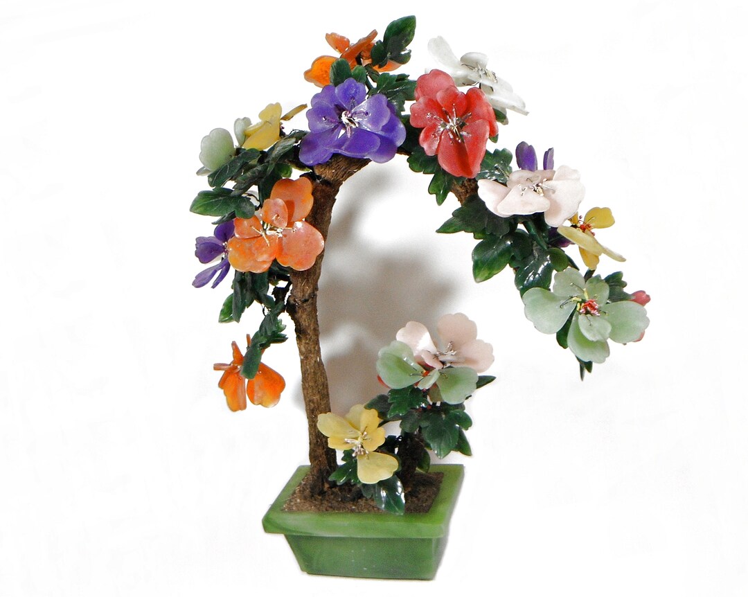 Jade Stone Agate Glass Multi Colors Flowers Bonsai Tree 18" H With Real ...