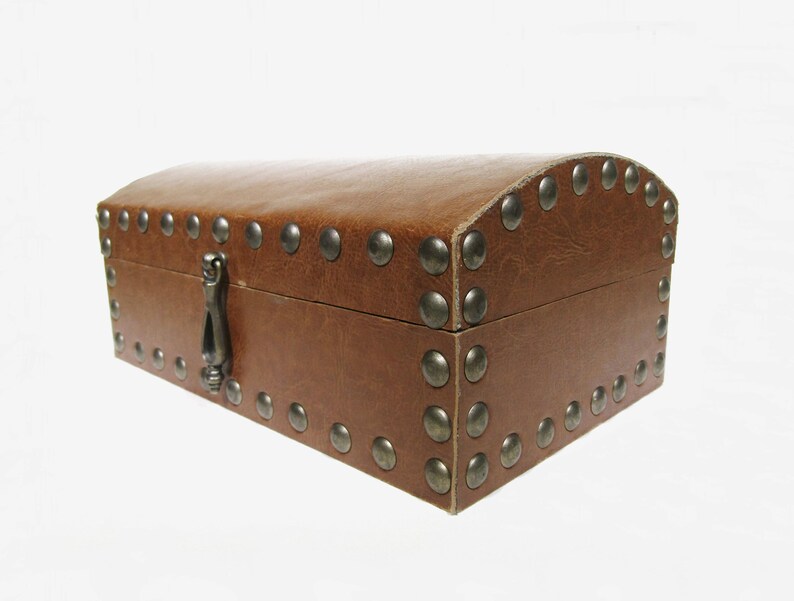 Handcrafted Vintage Leather Domed Trinket Box With Brass Accents - 8" W ...