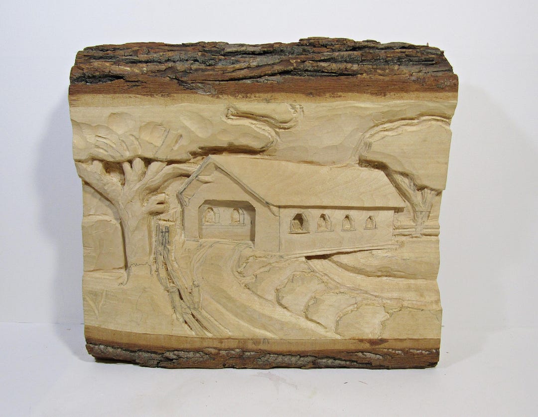 Unfinished Hand-carved Wooden Relief – Covered Bridge Scene With Bark ...