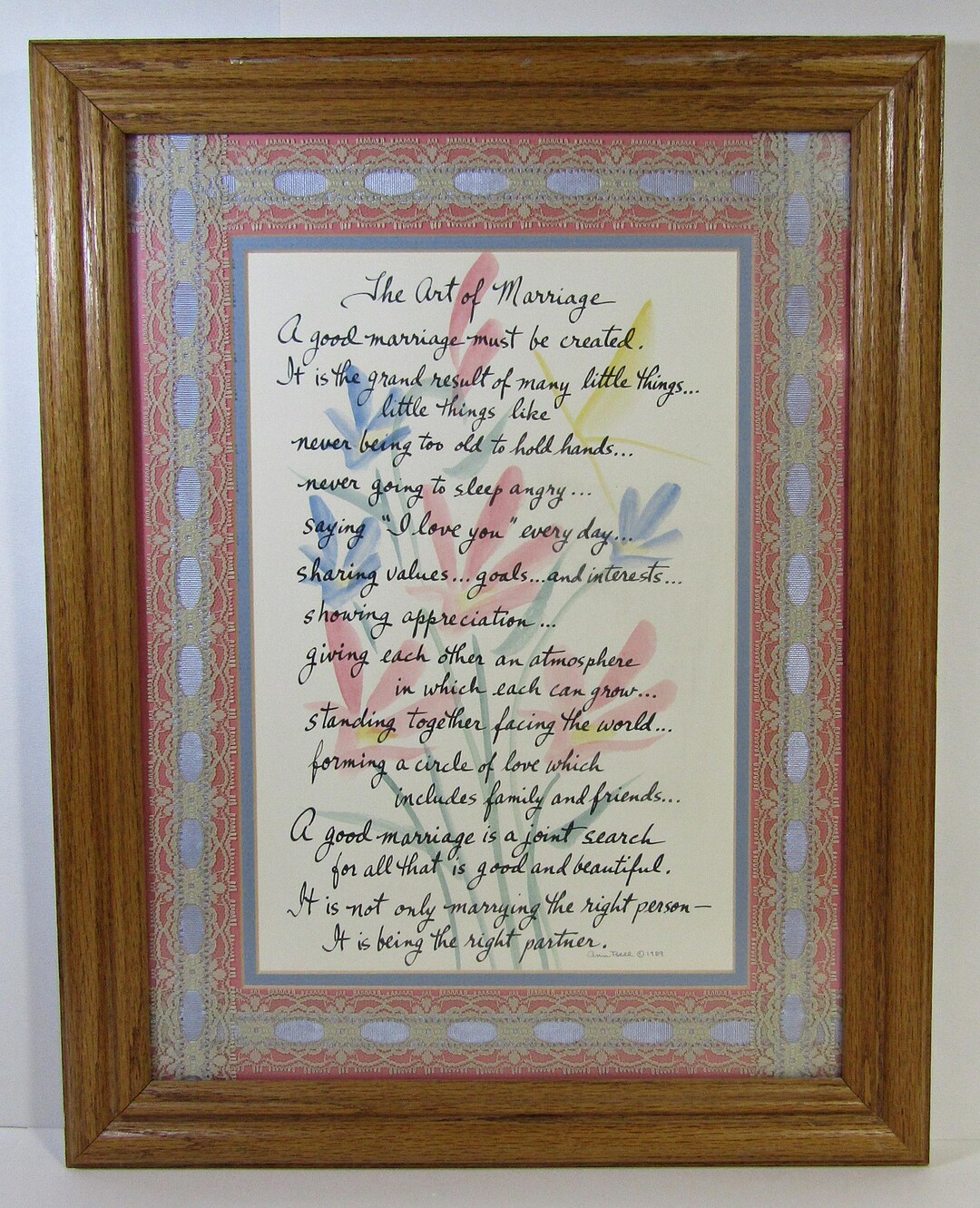 Vintage Framed Calligraphy “the Art of Marriage” by Ann Bell, 1989, 18. ...