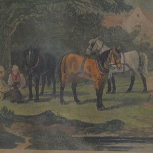Horses and People, Original English Color Stone Lithograph Antique ...