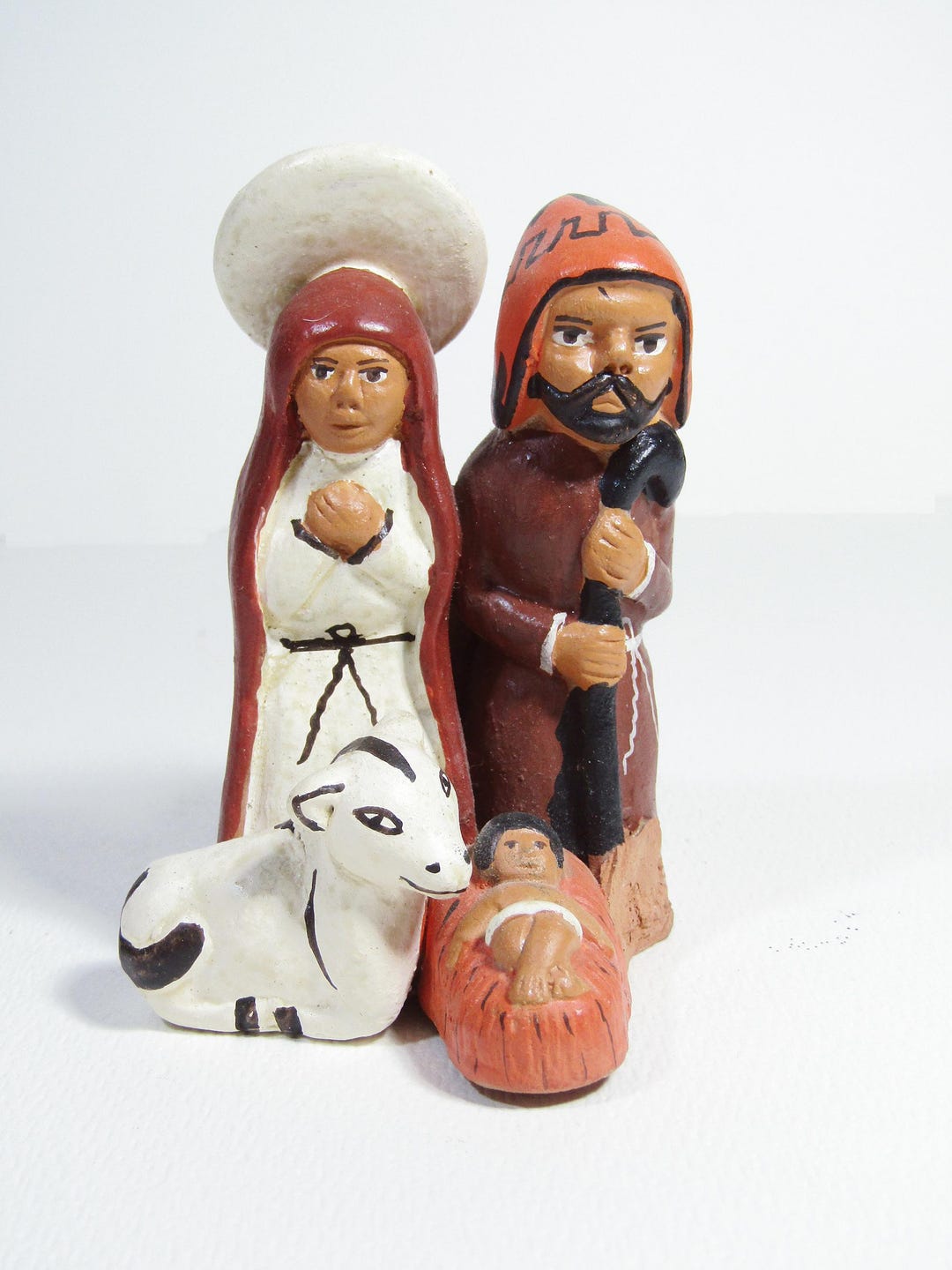 Peruvian Terra Cotta Clay Nativity Scene, Holy Family With Lamb ...