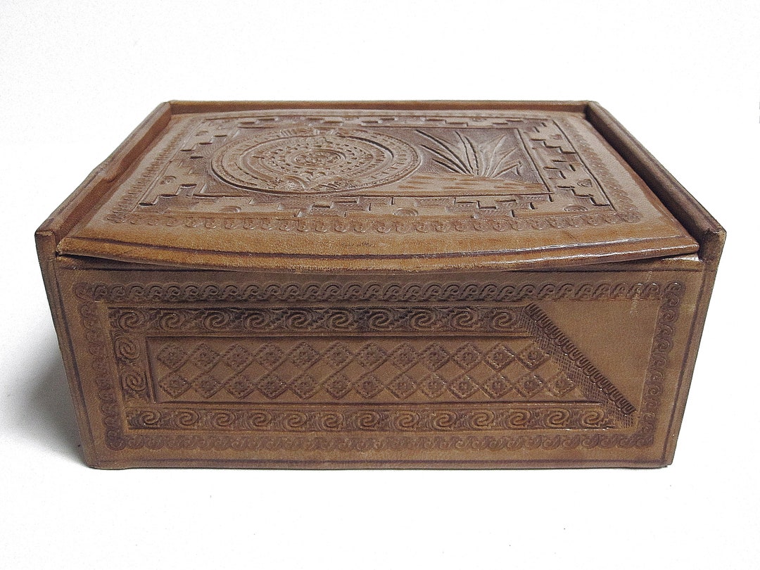 Hand Tooled Leather Jewelry Trinket Box Mayan Mexico Vintage - Etsy