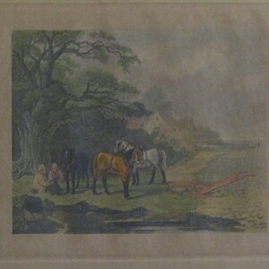 Horses and People, Original English Color Stone Lithograph Antique ...