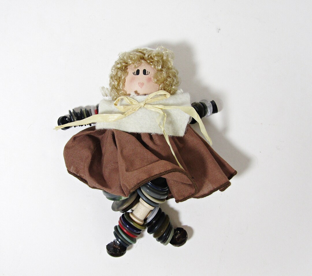 Vintage Button Baby DOLL Handmade Wooden Spool & Button Doll Shelf ...
