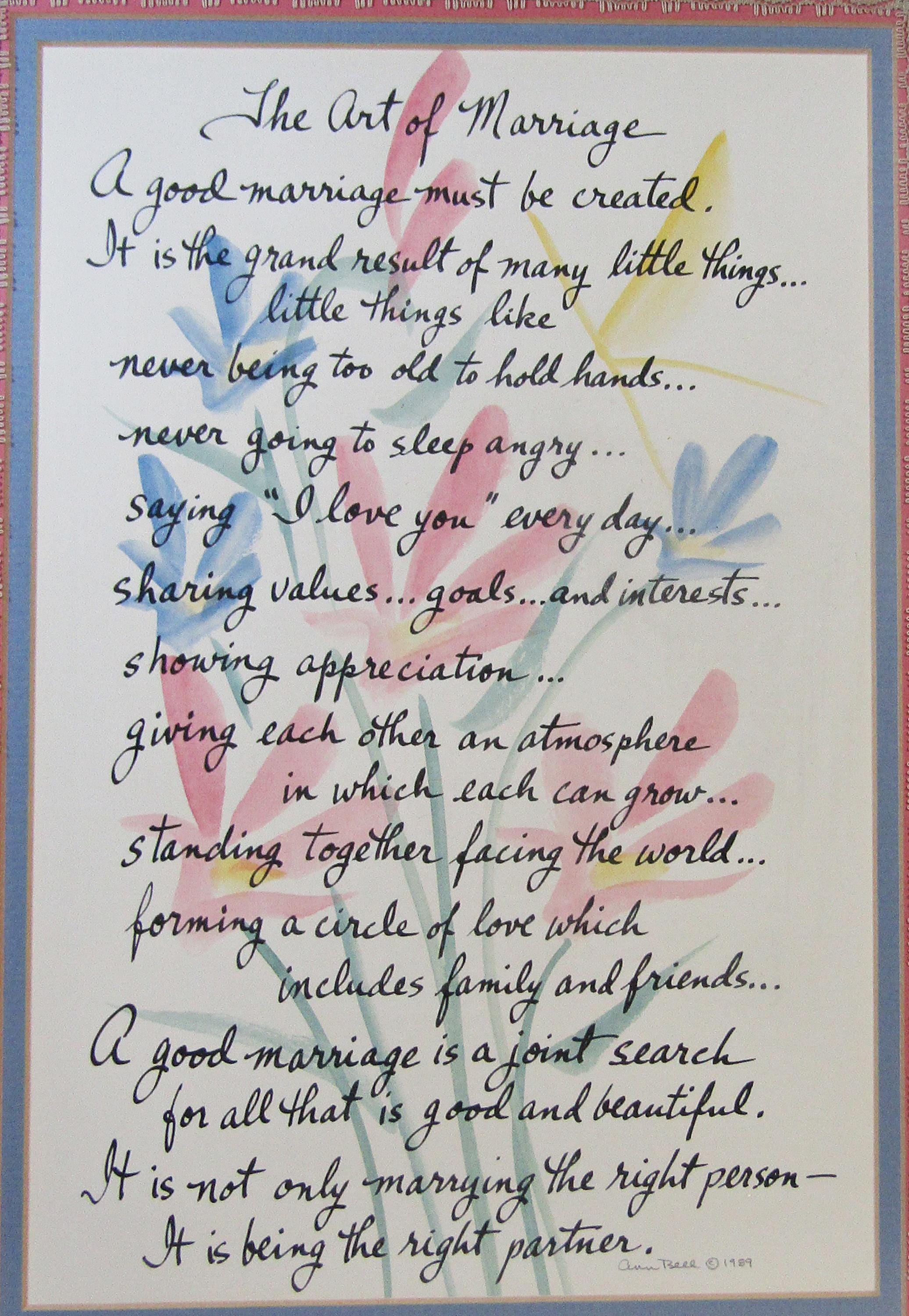 Vintage Framed Calligraphy “the Art of Marriage” by Ann Bell, 1989, 18. ...