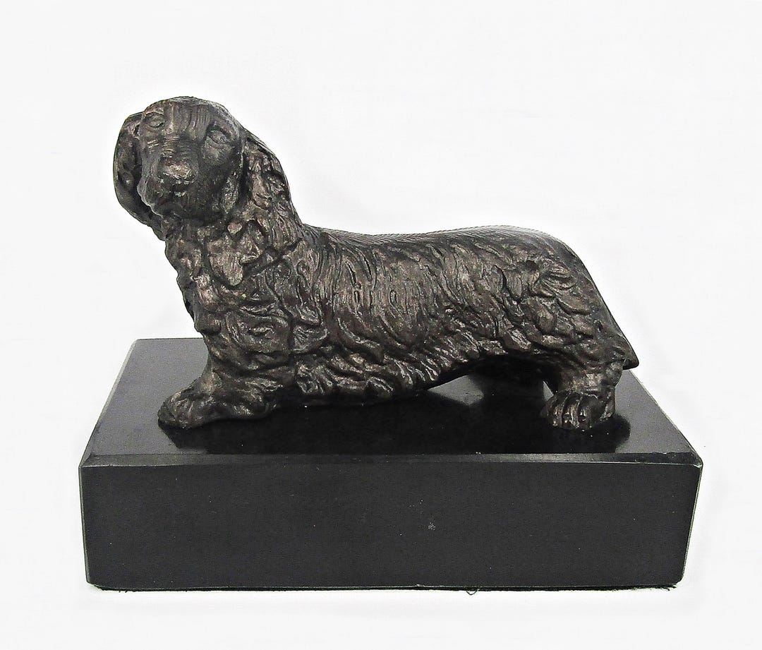 Bronze Dog Sculpture on Marble | Long-haired Dachshund Figurine | Heavy ...