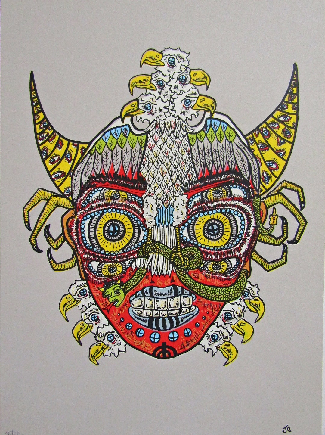 Horned Devil Demon Face With Eagles, and Snake Limited Ed. Art Print 31 ...