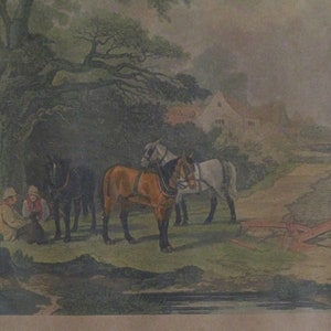 Horses and People, Original English Color Stone Lithograph Antique ...