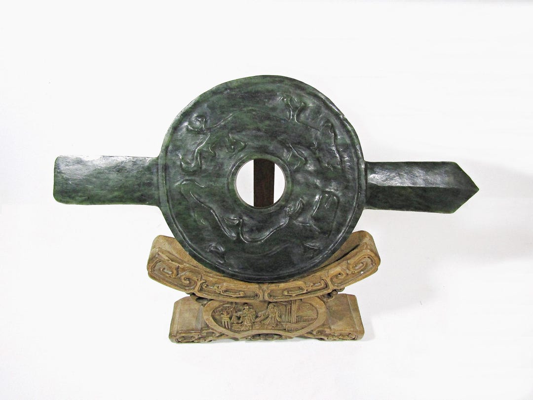 Large Chinese Nephrite Spinach Jade Bi Disc With Double Chilong Carving ...