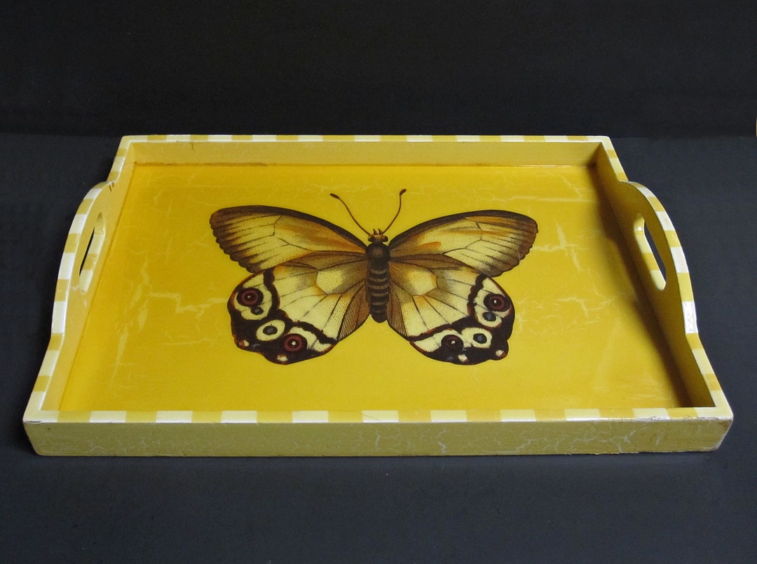 Annie Modica Large Yellow Serving Tray With Butterfly, 21x15x2” Signed ...
