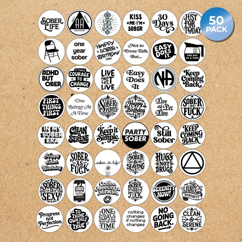 50 Pack Sobriety Stickers, AA NA Recovery Meeting Favors, 2" Round ...
