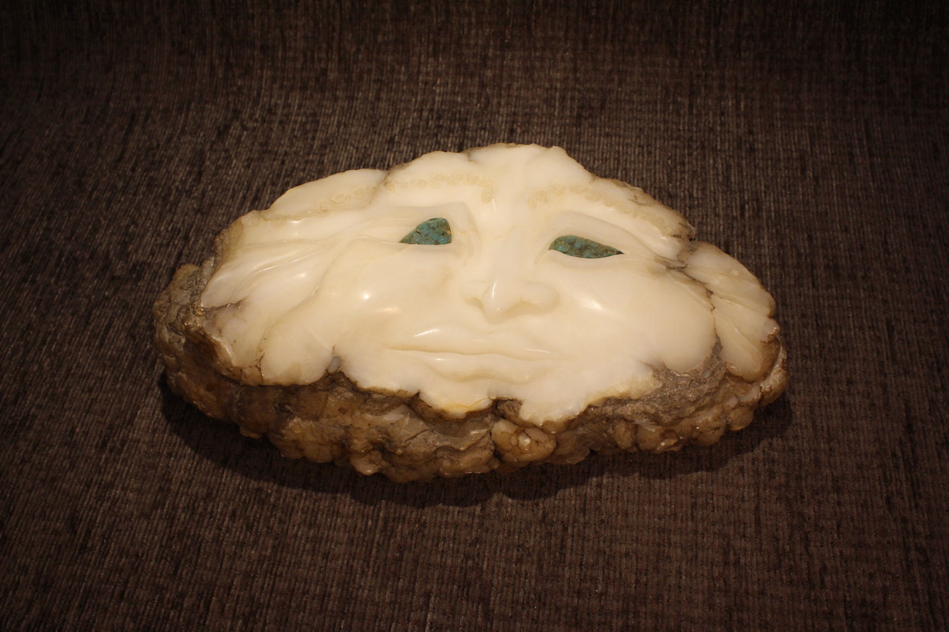 Face in White Alabaster With Blue Silica Eyes by Paul Hawkins and Susan ...