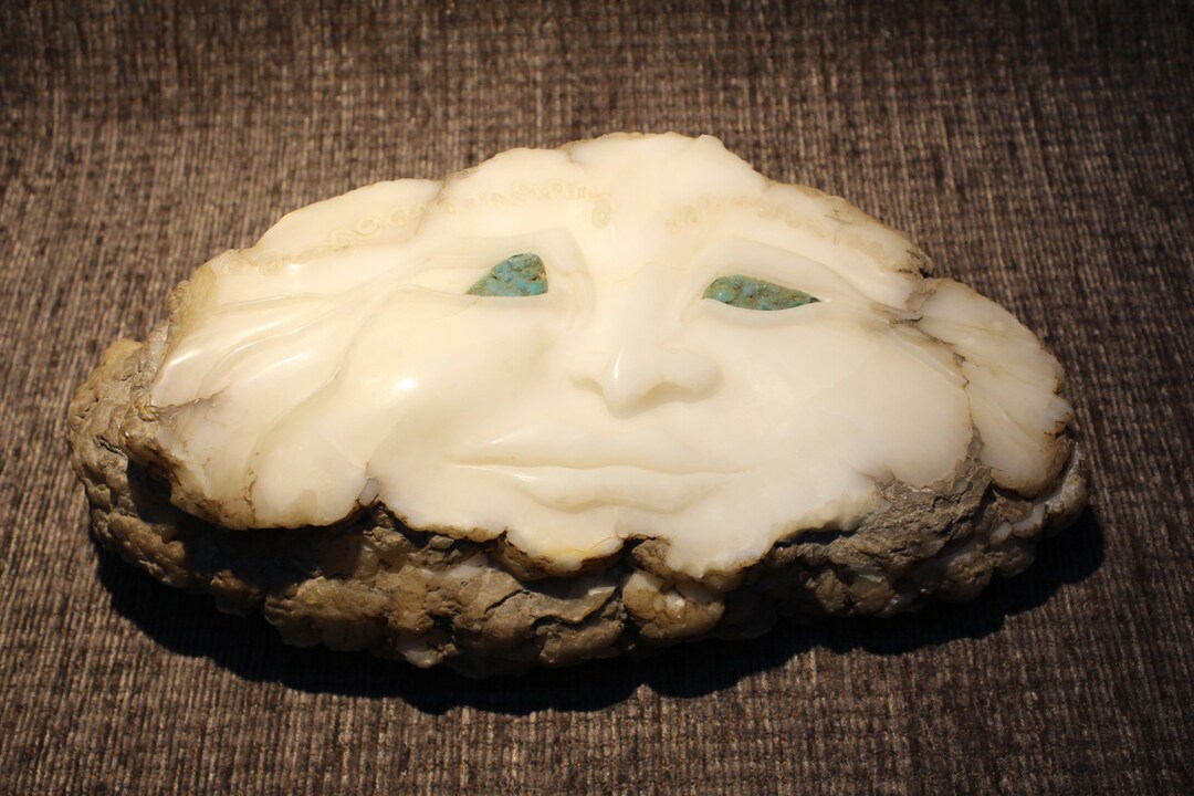 Face in White Alabaster With Blue Silica Eyes by Paul Hawkins and Susan ...