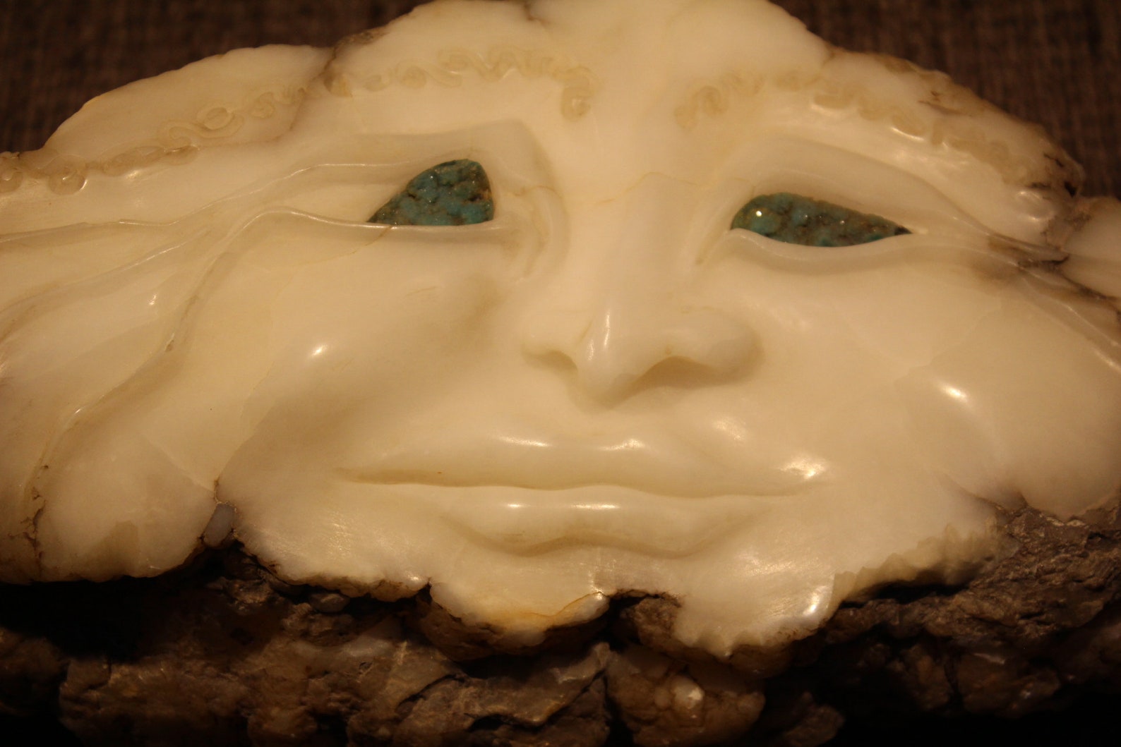 Face in White Alabaster With Blue Silica Eyes by Paul Hawkins and Susan ...
