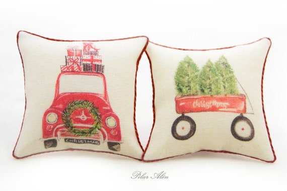 Christmas Vintage Pillow Red Car With Gifts Cart With | Etsy