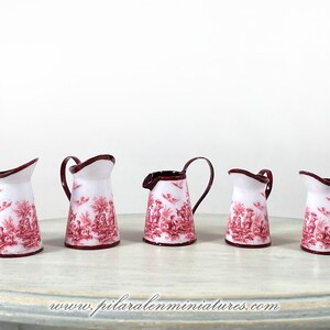 Miniature Pitcher, Red Toile De Jouy Design, Jug for Dollhouse, 1/12 ...