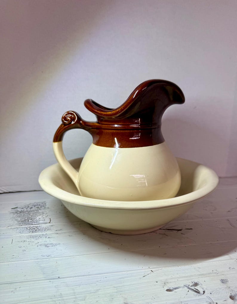 Vintage Mccoy Water Pitcher and Bowl Brown Tan - Etsy