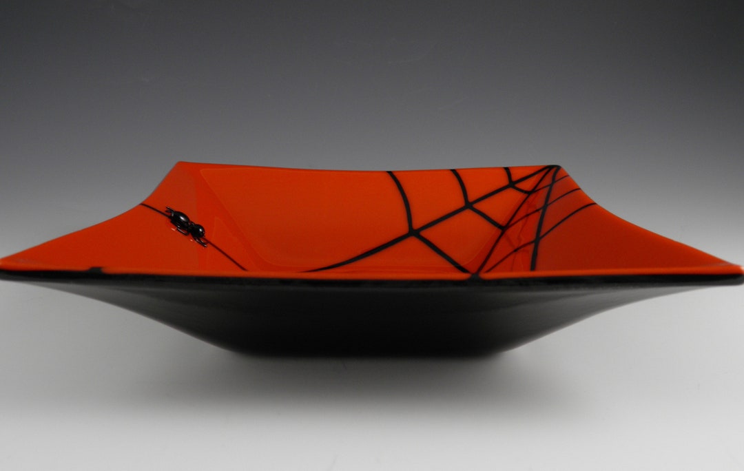Fused Glass Spider Web Bowl, Square Orange and Black Handmade Halloween ...